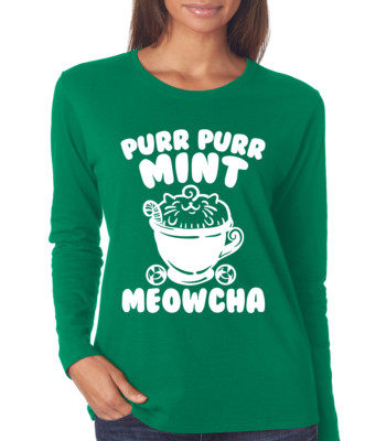PURR PURR MINT MEOWCHA Christmas drink Women's crew neck long sleeve T ...