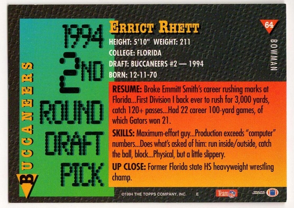 1994 Bowman #64 Errict Rhett Tampa Bay Buccaneers Rookie RC Football ...
