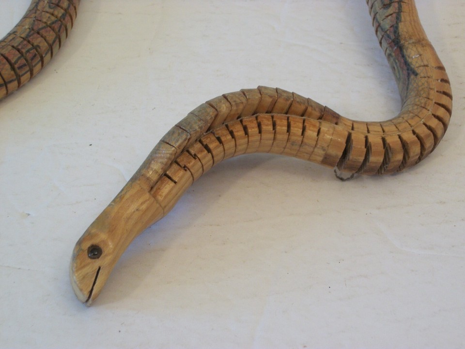 KING COBRA ARTICULATING WOODEN SNAKE - OVER 33 INCHES LONG - ONE BROKEN ...