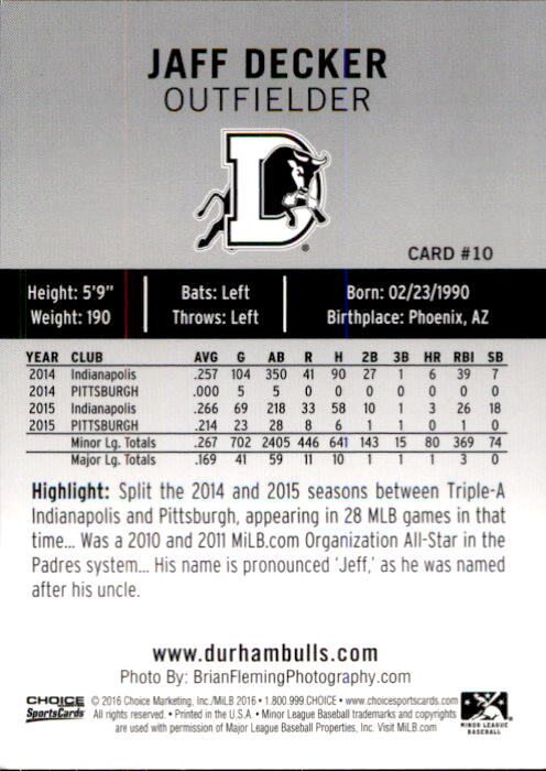 2016 Durham Bulls Choice #10 Jaff Decker Phoenix Arizona AZ Baseball ...