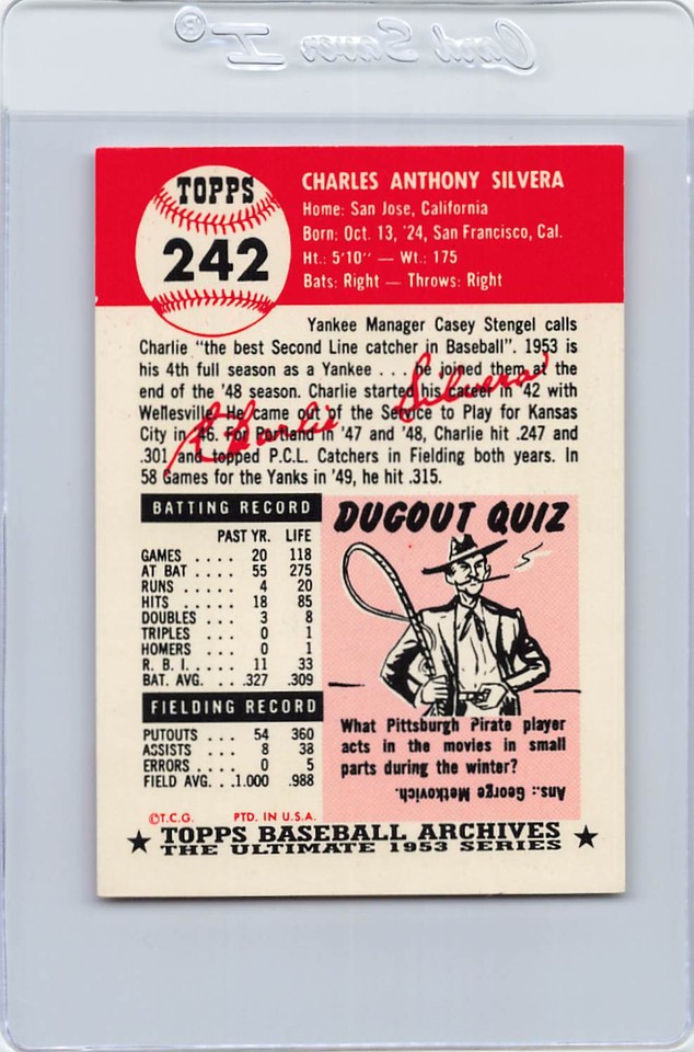 1991 Topps Archives #242 Charlie Silvera Yankees Signed Auto *K175 | eBay