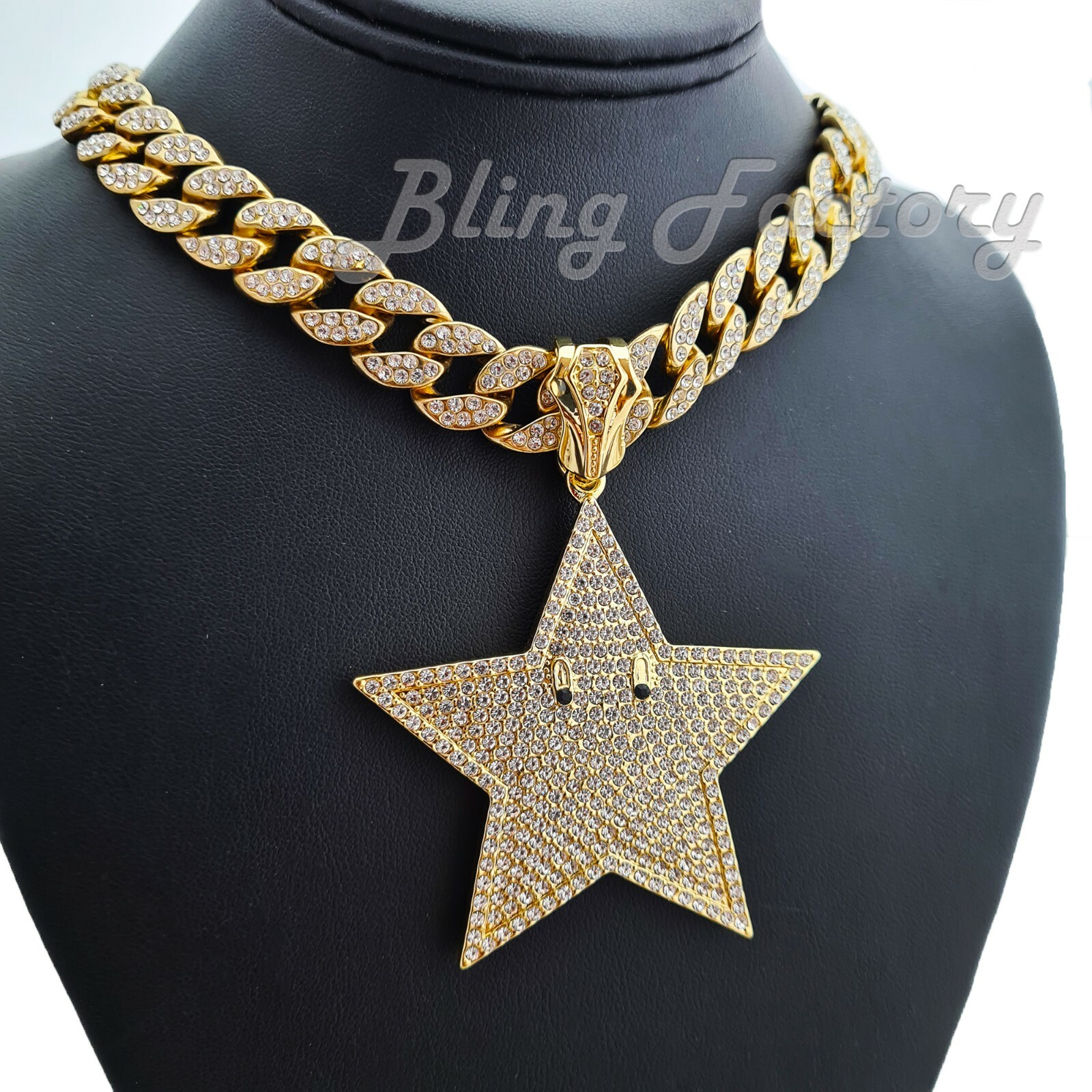 Iced Large Mario Star Pendant & 16" ~ 24" Iced Cuban Choker Chain Bling ...