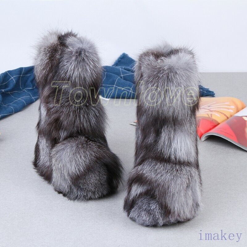 Women 100% Natural Real Fox Fur Boots Long Boot Fur Boots Pull on Shoes ...