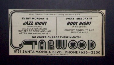 Jazz Night, Hoot Night The Starwood L.A. 1973 Concert Ad, Promo Advert ...