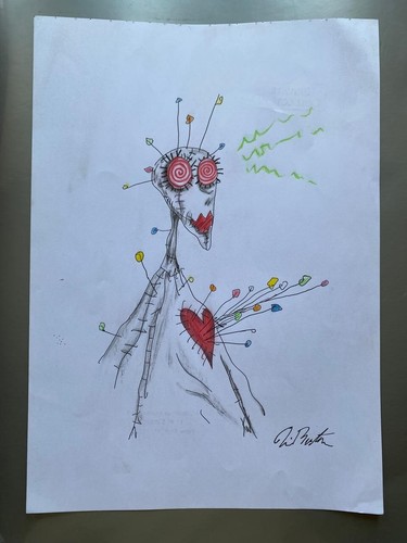 Tim Burton Drawing on paper (Handmade) signed and stamped mixed media ...