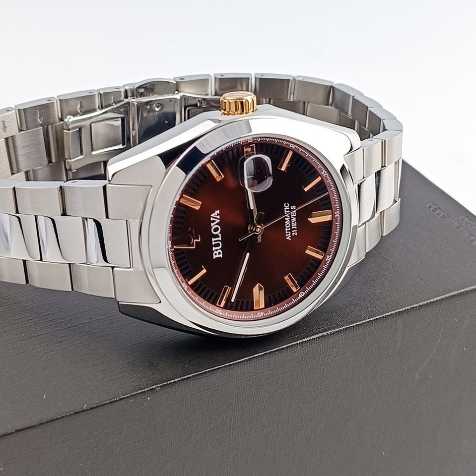 Men's Bulova Surveyor 98B422 Burgundy Dial Stainless Steel Automatic ...