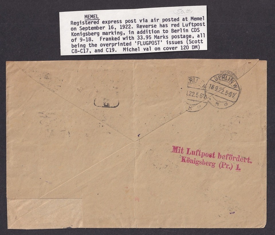 Memel 1922 FLUGPOST ovpts on France 11v on registered airmail Express ...