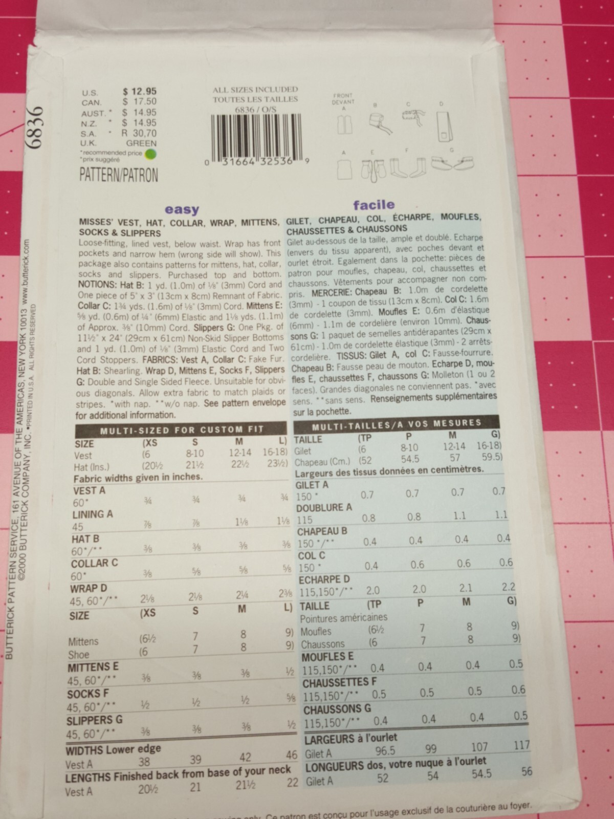 Butterick Pattern 6836 Polar Vest Hat Mittens Socks Slippers Wrap OSZ ...