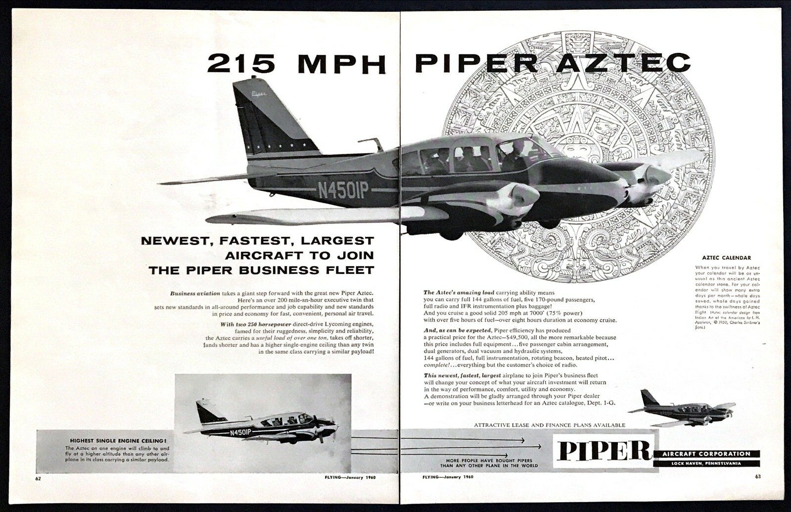 1960 Piper Aztec Business Airplane photo "Newest Fastest" 2page vintage ...