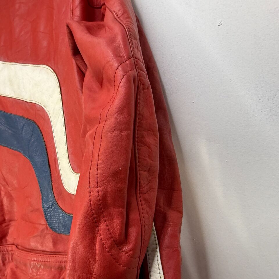 MJK Leathers 1970s 2 Piece Motorcycle Leather Race Suit Red White Blue ...