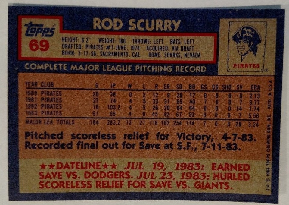 1984 Topps #69 Rod Scurry Pittsburgh Pirates | eBay