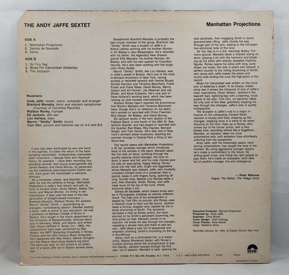 The Andy Jaffe Sextet - Manhattan Projections [1985 Used Vinyl Record ...