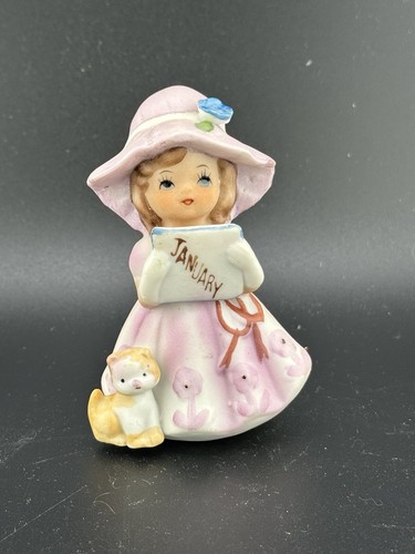 Vintage January Birthday Girl Bisque Figurine with Kitty Cake Topper | eBay
