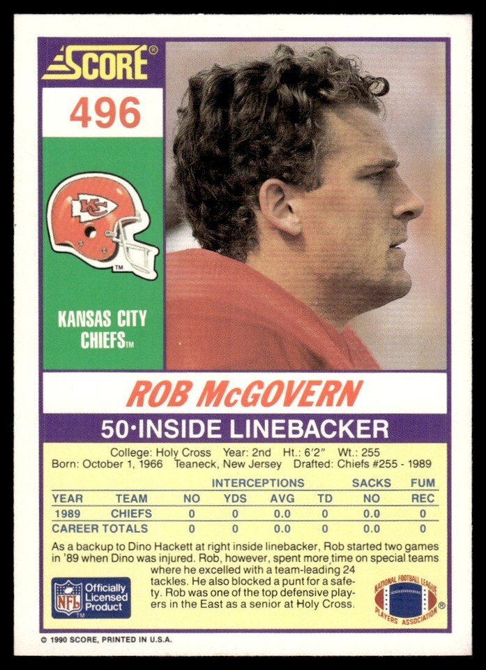 1990 Score Rob McGovern Rookie Kansas City Chiefs #496 | eBay