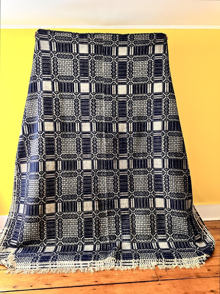 Antique primitive American indigo jacquard wool overshot coverlet ...
