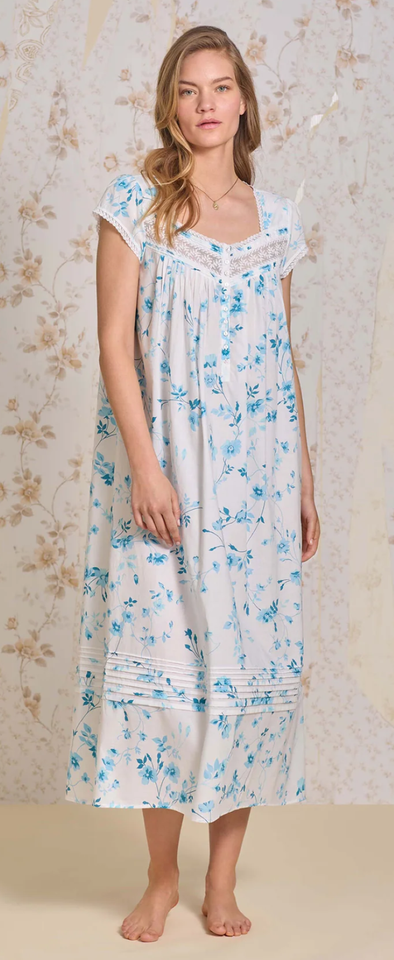 Eileen West Cap Sleeve White/Aqua Floral 100% Cotton Lawn Ballet ...
