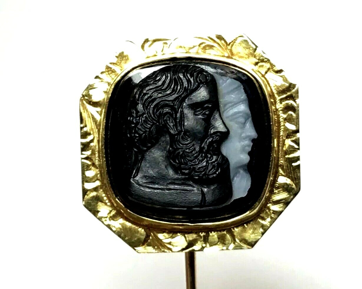 VINTAGE 10K YELLOW GOLD GREEK STICK PIN ESTATE HAND CARVED CAMEO ROMAN ...