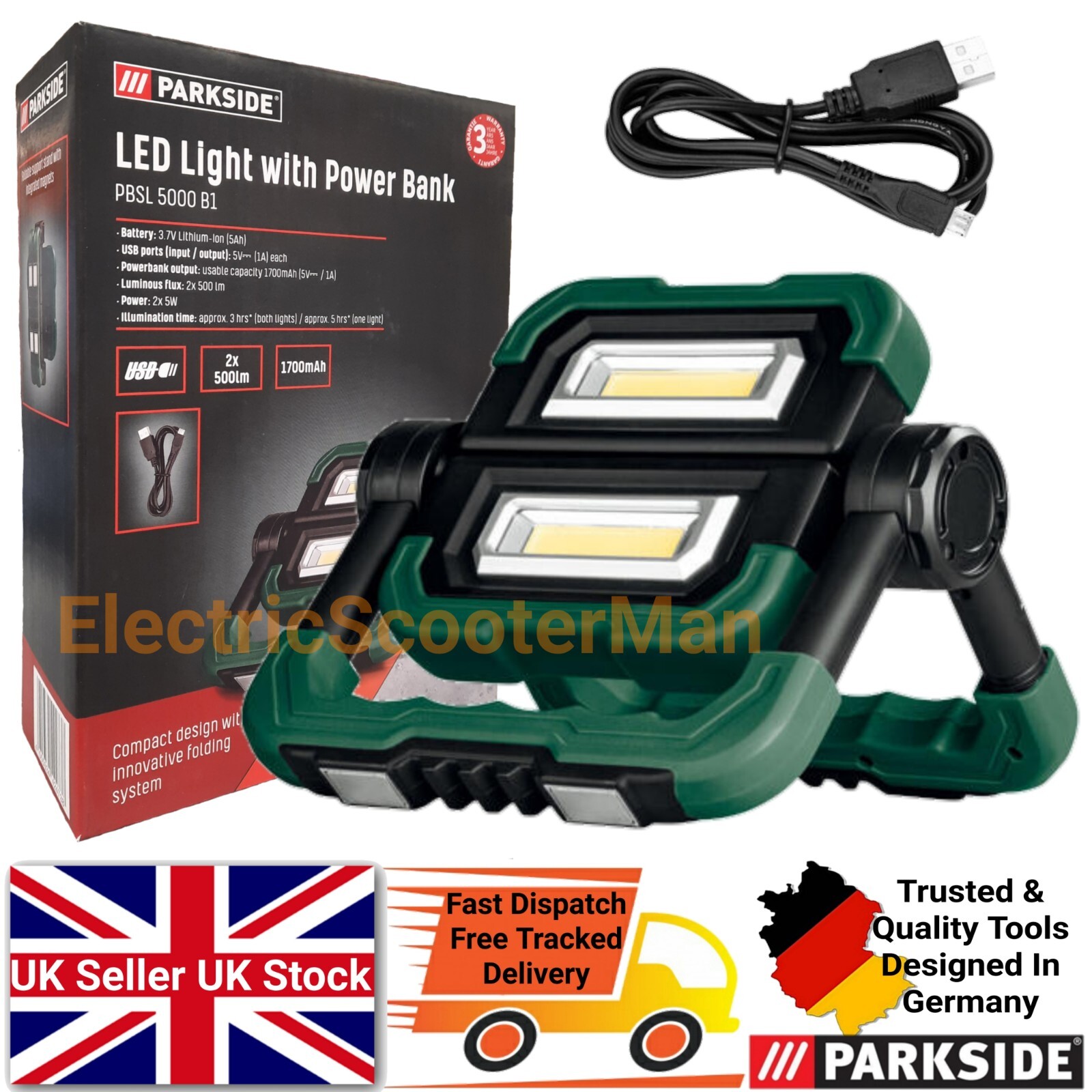 Parkside LED Work Light With Power Bank USB Cordless Rechargeable PBSL ...