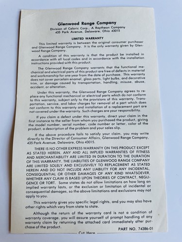 Glenwood Range Company Caloric Raytheon Kitchen Stove Warranty Vintage ...