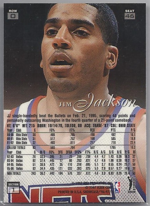 1996-97 Flair Showcase ROW 0, #46, Jim Jackson, New Jersey Nets Guard ...