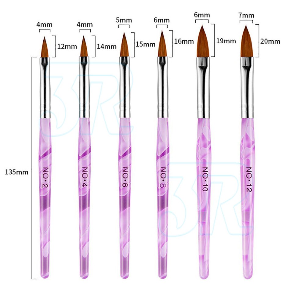 Set of 6 Nail Art Acrylic Brushes Size 2 4 6 8 10 12 Gel Drawing Polish ...
