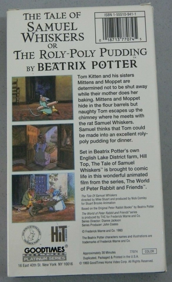 PETER RABBIT "THE TALE OF SAMUEL WHISKERS OR ROLY-POLY PUDDING" VHS VCR ...