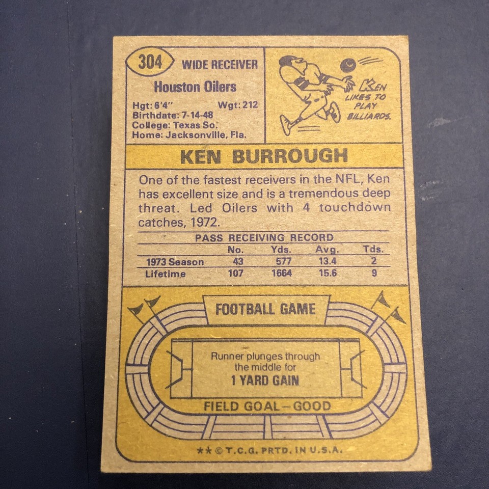 1974 TOPPS KEN BURROUGH #304 HOUSTON OILERS FOOTBALL CARD | eBay