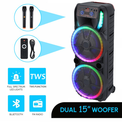 Large Portable Dual 15" Bluetooth PA Speaker DJ Party System TF/AUX/TWS ...