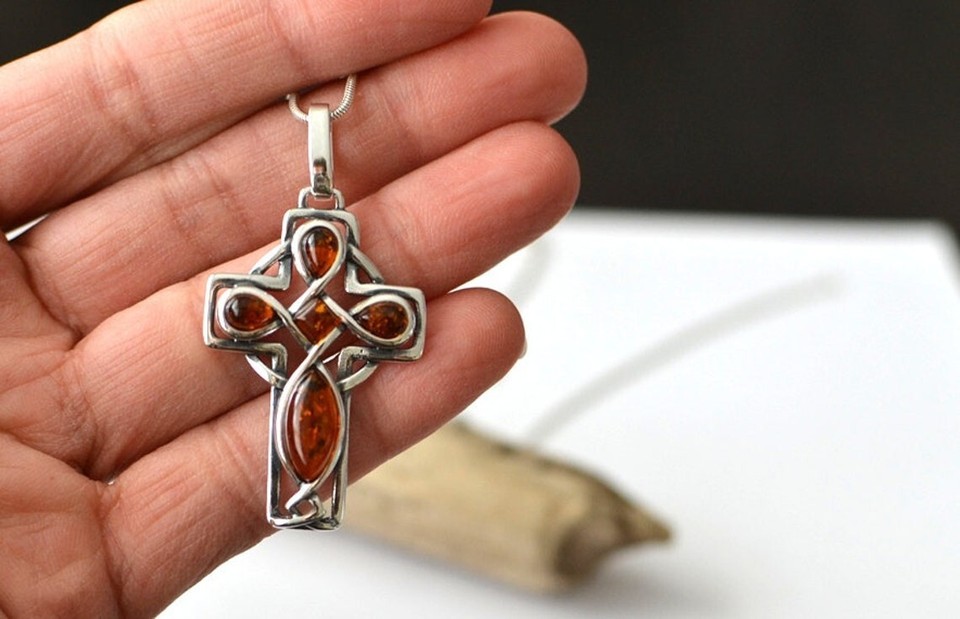 Silver Catholic cross crucifix necklace, Cross amber Necklace, jewelry ...