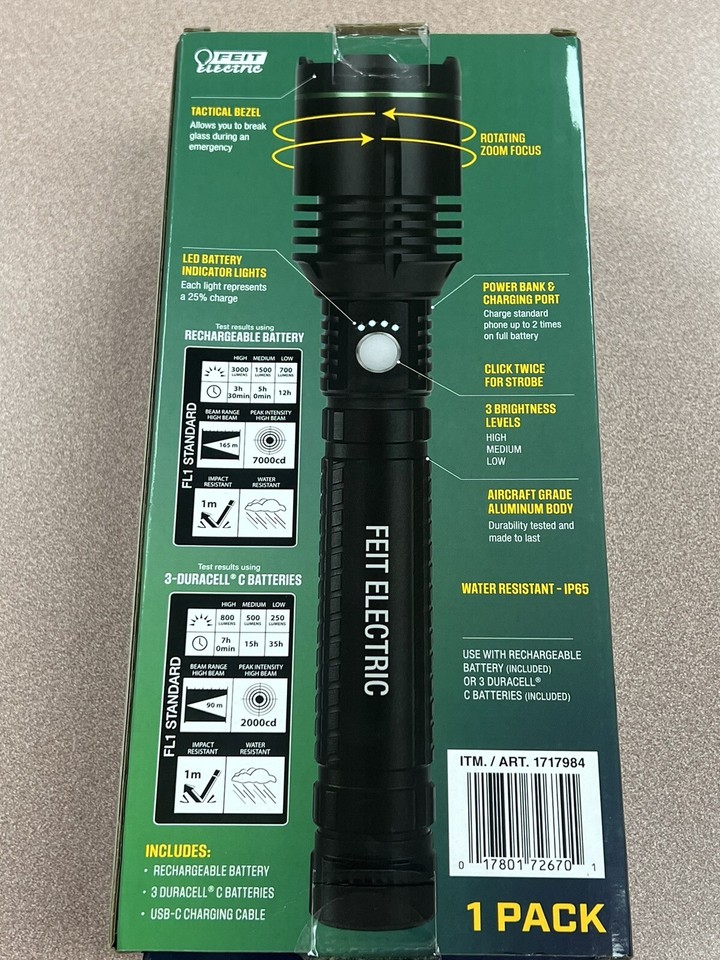 Feit Rechargeable 3000 Lumen Adjustable Flashlight Power Bank Includes ...