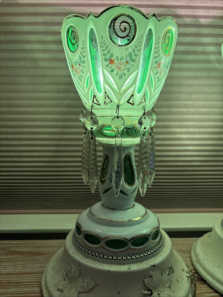 Antique Pair Czech Bohemian Mantle Luster Lamps ~ Cased Glass White Cut ...