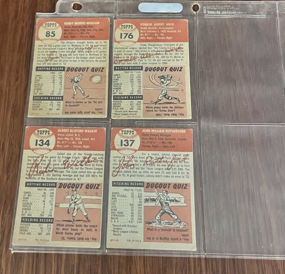 LOT OF 4 1953 BROOKLYN DODGERS TOPPS BASEBALL CARDS-Hoak/Morgan/Walker ...