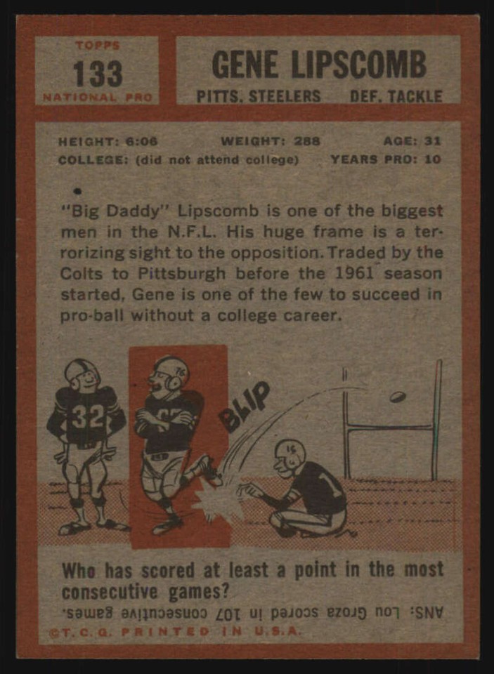 1962 Topps #133 Gene Lipscomb EXMT/EXMT+ SP Steelers 570038 | eBay
