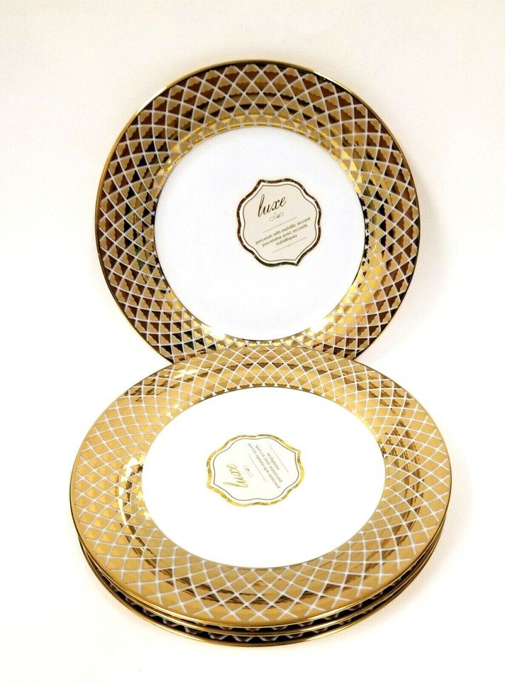 LUXE SET OF 4 PORCELAIN METALLIC GOLD DIAMOND PATTERN DINNER,SALAD ...