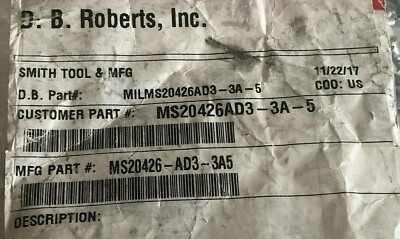 (250) MS20426AD3-3A-5 SOLID ALUMINUM 100 DEG. COUNTERSUNK 3/32" x 7/32 ...