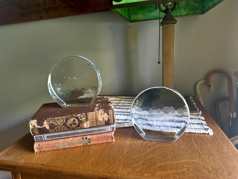Vtg Blenko Ice Round Glass Block Bookends | Clear Solid Glass Round ...