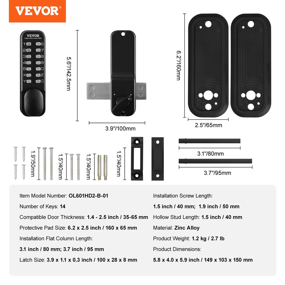 VEVOR Mechanical Keyless Entry Door Lock 14 Digit Keypad Surface ...