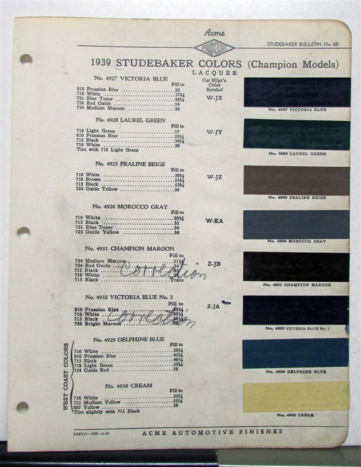 1939 Studebaker Champion Paint Chips By Acme Automotive Finishes | eBay