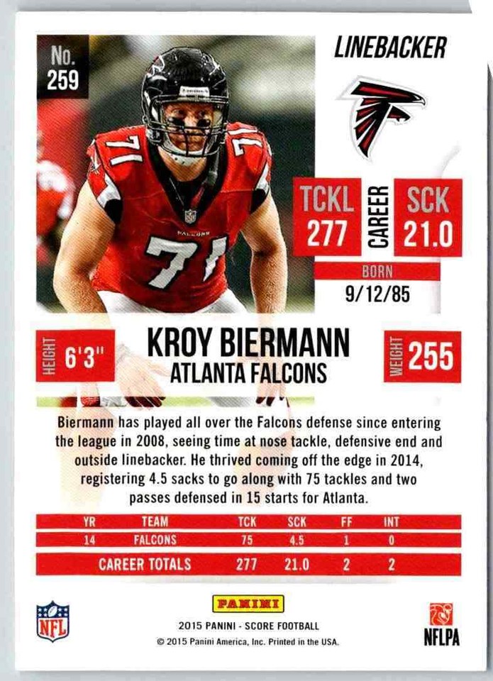 2015 Score Kroy Biermann #259 Football Card | eBay