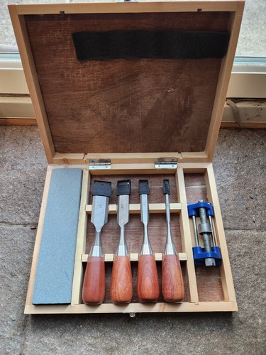 6 Piece Rosewood Woodworking Chisel Set, 4 Chisels Honing Guide ...