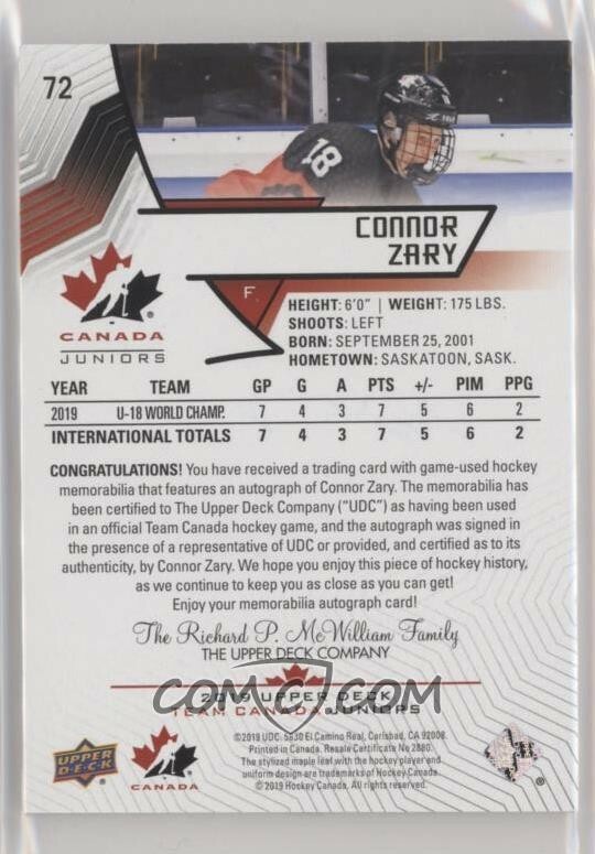 CONNOR ZARY 2019 Team Canada Juniors Jersey Auto 31/199 #72 PRC Calgary ...