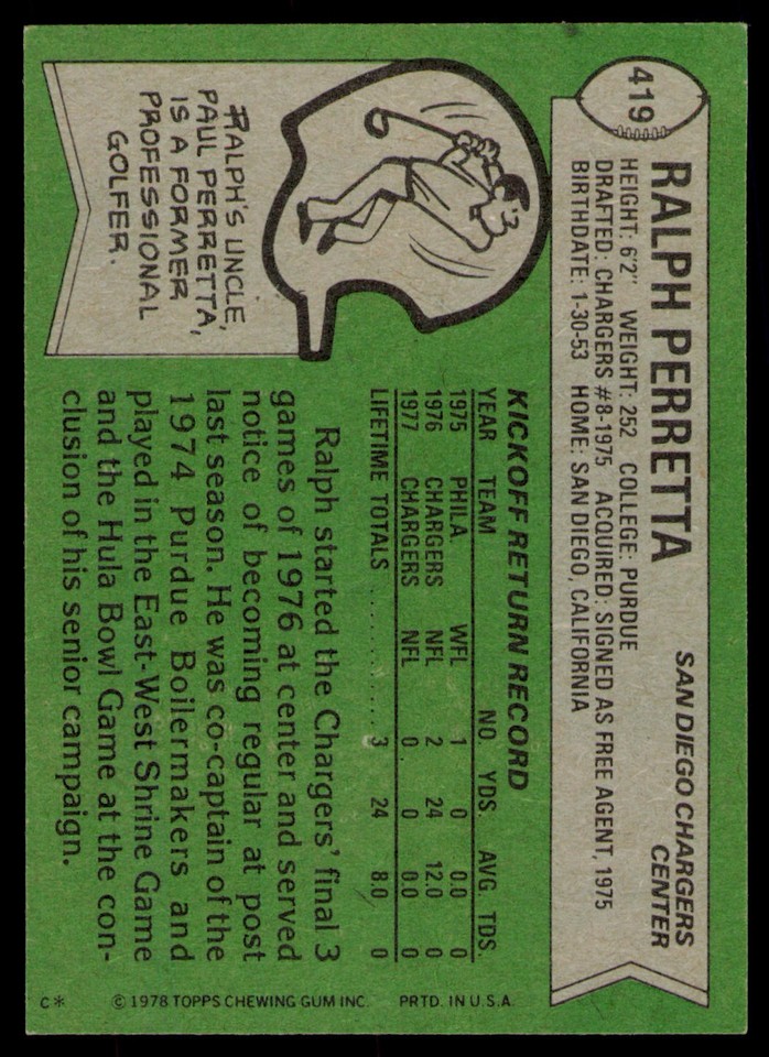 1978 Topps #419 Ralph Perretta San Diego Chargers Card | eBay