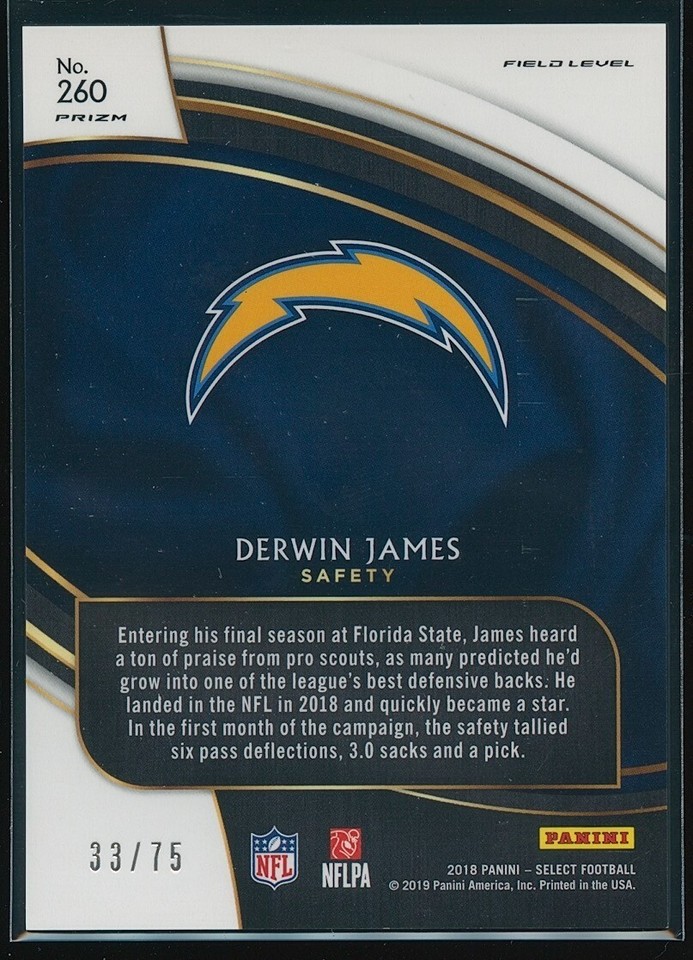 Derwin James 2018 Panini Select Field Level Copper Prizm Jersey Number ...