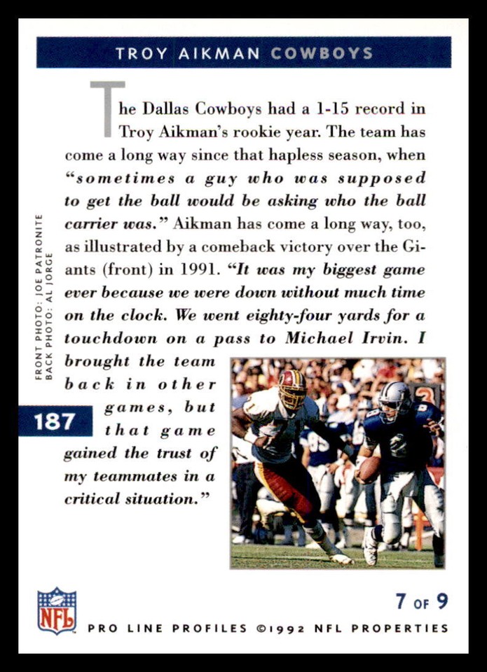 1992 Pro Line Profiles #187 Troy Aikman Dallas Cowboys | eBay
