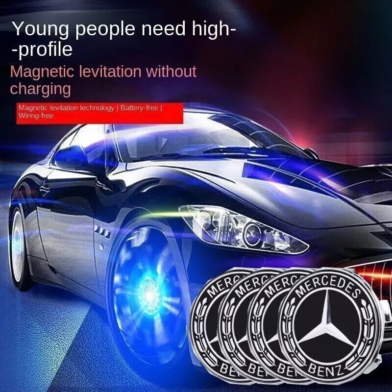 75mm Floating LED Wheel Caps Blue Light for Mercedes-Benz BLACK Wreath ...