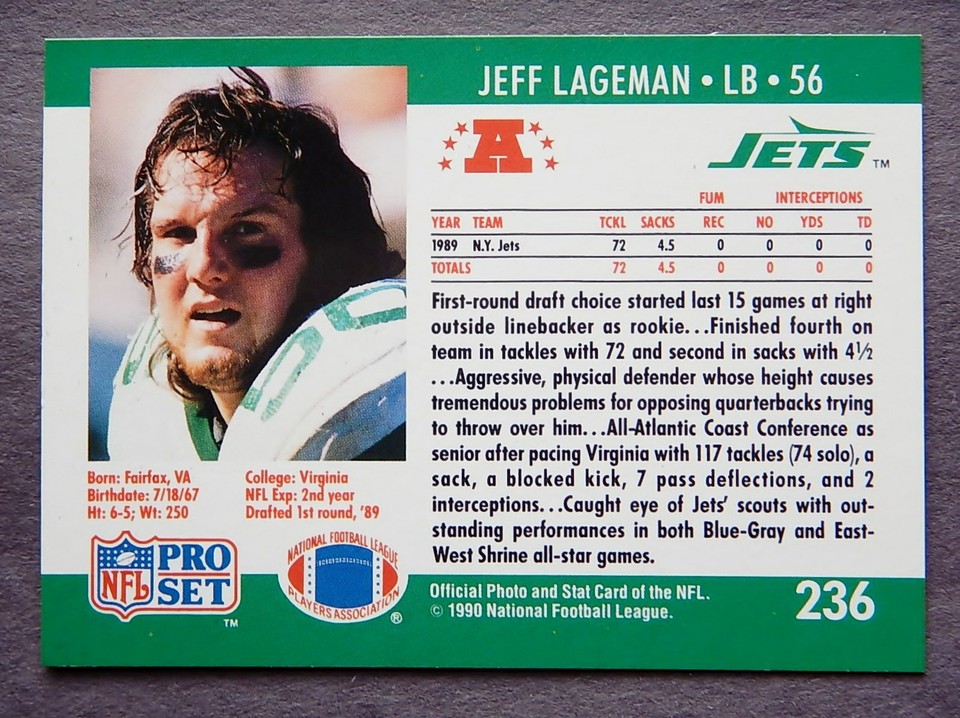 Jeff Lageman #236 Pro Set 1990 Football Card (New York Jets) VG | eBay