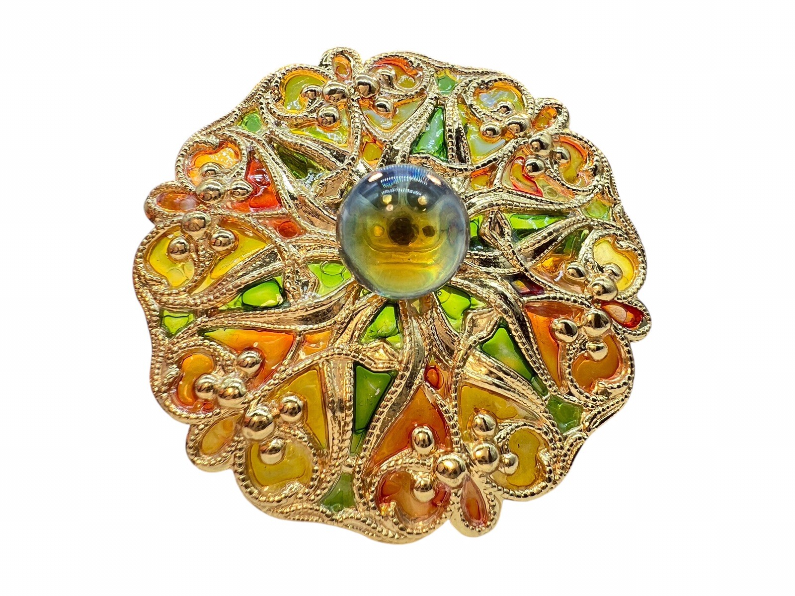 Rare Stained Glass Brooch Filigree Crystal Ball Gold … - Gem