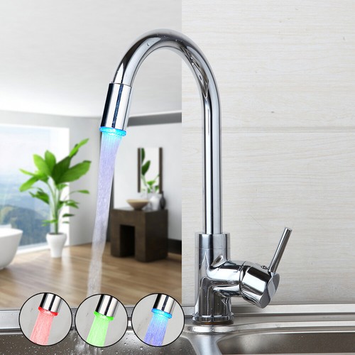 US LED Kitchen Sink Swivel Spout Taps Chrome Deck Mount Mixer 1 Handle ...