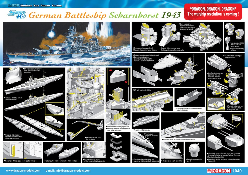 Dragon 1040 1/350 German Battleship Scharnhorst 1943 Plastic Model Kit ...