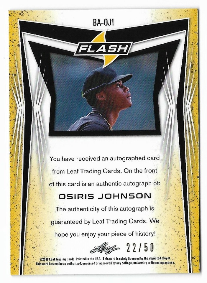 Osiris Johnson 2018 Leaf Flash Autograph Blue #BAOJ1 /50 Miami Marlins ...